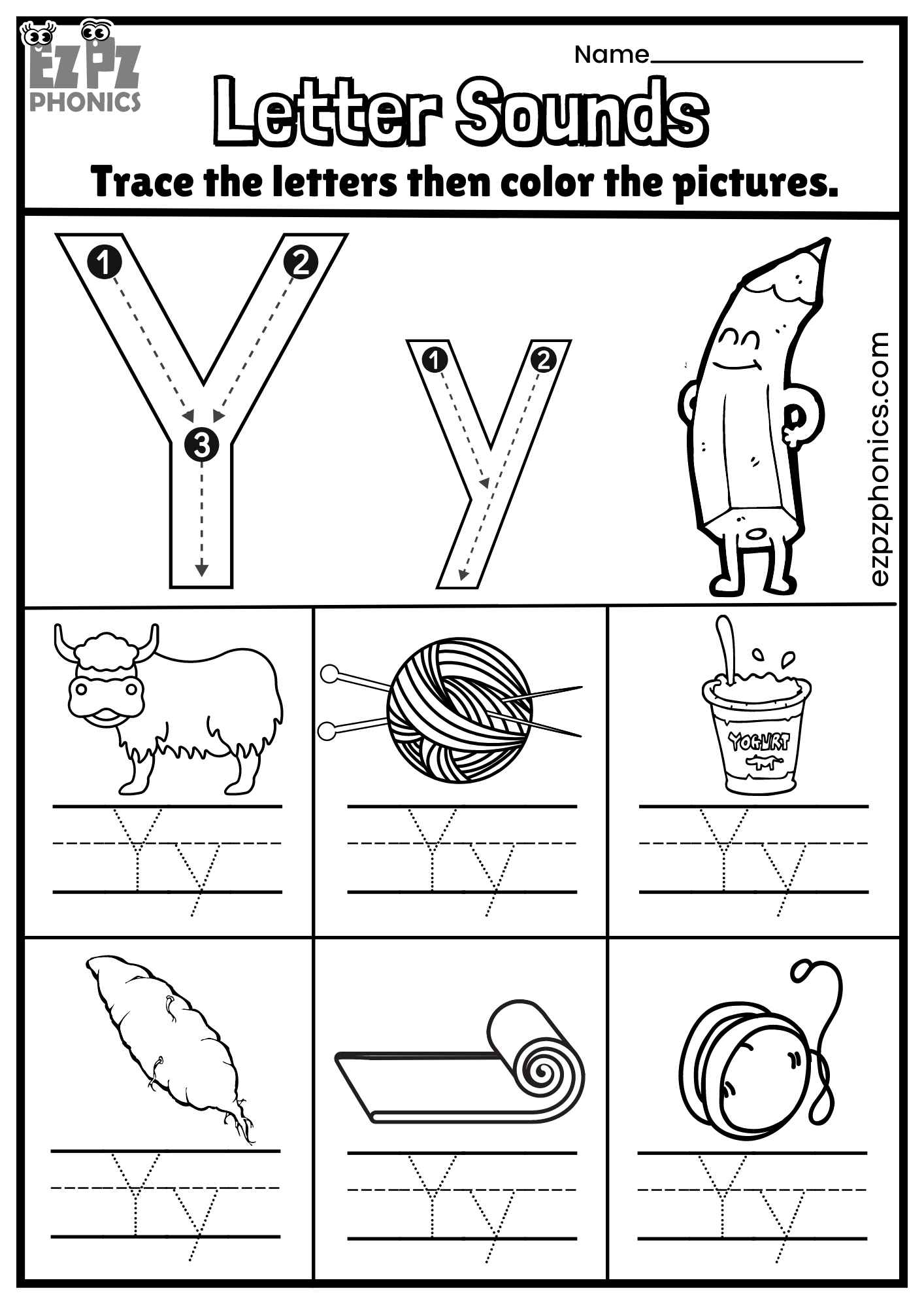 Letter Yy Trace and Color the Pictures Free PDF Download - ezpzphonics.com
